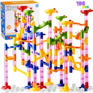 joyin marble run premium set（196 pcs- construction building blocks toys, stem educational toy, building block toy(156 translucent plastic pieces+ 40 glass marbles)