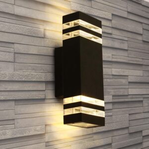 lanfu 12.8inch led outdoor rectangular modern wall sconce waterproof 12w, black exterior wall light fixture outside for house patio garage,2700k warm white, ip65 waterproof up and down light (1 pcs)