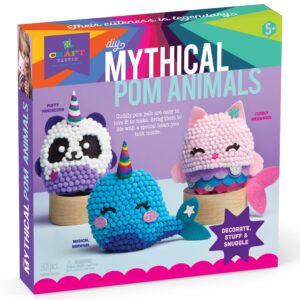 craft-tastic – diy mythical pom animals – craft kit makes 3 pompom stuffed animals – magical narwhal, puffy pandacorn & cuddly meowmaid brown/a