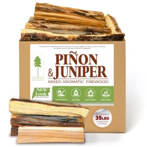 old wood piñon and juniper firewood, approximately 70lbs box - aromatic blend for indoor and outdoor use, 13"-14" length, southwest scent - fireplace, fire pit, ambiance - 35 box packaging