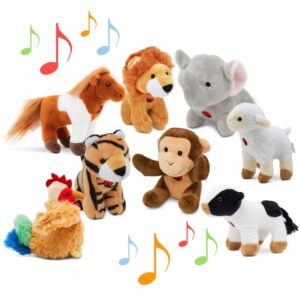 talking plush animal toys set with sound (set of 8) | jungle & farm talking animals | cow, horse, sheep, rooster, monkey, lion, tiger & elephant plush toys for boys & girls