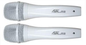 audio2000's s1069x2 2-pack white professional unidirectional dynamic microphones with built-in acoustic pop filters, rugged construction, and steel mesh grills