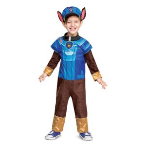 chase costume hat and jumpsuit for boys, paw patrol movie character outfit with badge, classic toddler size medium (3t-4t) multicolored