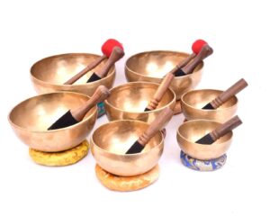 set of 7 pieces ~ hand hammered yoga meditation bowls 5"-10" included 7 mallets, 7 cushions & 1 drum stick.