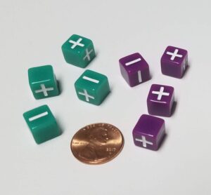 10mm green & purple fate fudge dice / 8 very small dice