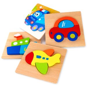 skyfield wooden vehicle puzzles for toddlers 1 2 3 years old, boys &girls educational toys gift with 4 vehicle patterns, bright vibrant color shapes, customize gift box ready(vehicle)