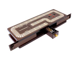 house of cribbage - continuous cribbage board/box inlaid in wenge wood/maple : 4 track - cards & pegs storage drawer with score marking fields for skunks, corners and won games