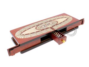 house of cribbage - continuous cribbage board/box inlaid in blood wood/maple : 4 track - sliding lids, drawer & metal pegs with score marking fields for skunks, corners and won games