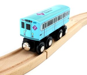 muni pals munipals new york city subway wooden railway (nostalgia series) bluebird 7 train/world’s fair express–child safe and tested wood toy train