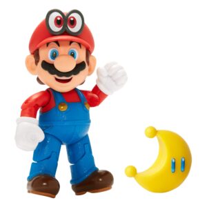 super mario nintendo collectible mario wearing cappy 4" poseable articulated action figure with yellow power moon accessory, perfect for kids & collectors alike! for ages 3+ (401344)