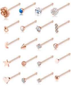 tornito 20g 20pcs nose ring cz nose stud retainer bone labret nose piercing jewelry set stainless steel rose gold tone