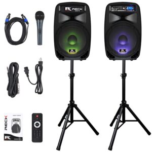 proreck dance 15 portable 15-inch 2000 watt 2-way powered pa speaker system combo set with bluetooth/usb/sd card reader/fm radio/remote control/led light