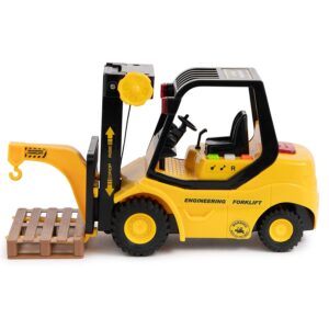 toy to enjoy forklift truck with pallet & cargo – friction powered wheels & manual lifting control - heavy duty plastic lifting vehicle toy for kids & children