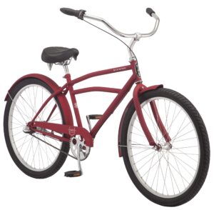 schwinn huron beach cruiser bike for adult, 3-speed, coaster brake, 26-inch wheels, 17-inch step-over steel frame, full front & rear fenders, classic handlebar, red