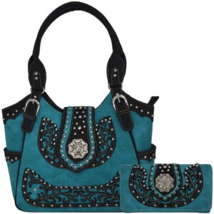 western style rhinestone concho west concealed carry purse country handbag women shoulder bag wallet set (turquoise set)