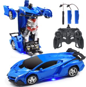 jeestam rc car robot for kids transformation car toy, remote control deformation vehicle model with one button transform 360°rotating drifting 1:18 scale, best for boys and girls (blue)