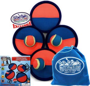 matty's toy stop deluxe toss & catch (hook & loop) tropical colors paddle game set with 4 paddles, 3 balls & storage bag - classic outdoor game, perfect for the beach, backyard or in the house!