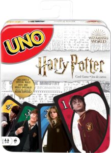 mattel games uno harry potter card game in storage tin for kids, adults & game night, collectible deck based on popular series for 2 to 10 players