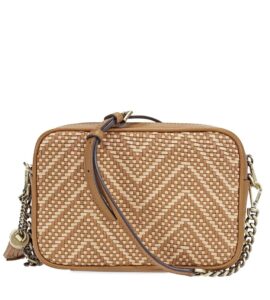 michael kors ginny medium woven leather crossbody- acorn/butternut