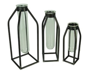 modern art glass tube bud vase with metal cage frame set of 3