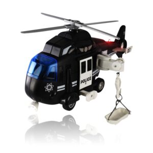 wolvolk police helicopter - solid built push & go chopper toy with lights & sounds - aids hand-eye coordination for kids boys & girls (black)