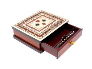 house of cribbage - 3 track - 60 points non-continuous travel cribbage board inlaid in maple wood/bloodwood - size:6" x 5" - storage drawer for cribbage pegs & playing cards