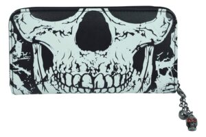 lost queen gothic death skull face glow in the dark zip around wallet, black, large