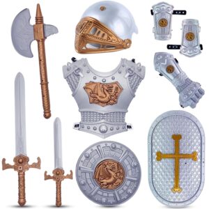 medieval knight in shining armor, kids crusader pretend role play plastic costume dress up cosplay with toy swords, axe, shield, weapons & accessories playset