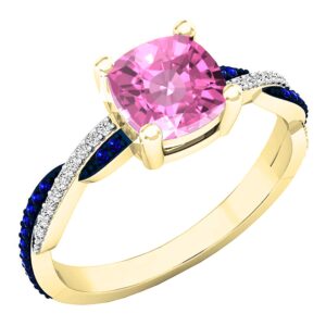 dazzlingrock collection 6mm cushion lab created pink sapphire with round blue sapphire & diamond women engagement ring, 10k solid yellow gold, size 8.5