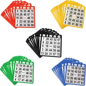 gse games & sports expert 100-pack multi-color bingo game cards with easy read numbers, reusable paper bingo sheets for large groups, family/friend parties, bingo games