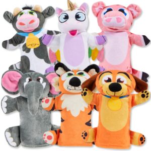 joyin 6pcs kids hand puppet set, toddler animal plush toy includes elephant, unicorn, puppy, pig, tiger and cow for boys girls show theater, birthday party gifts, easter basket stuffers