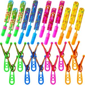 jx rocket slingshot flying toys with led lights,12pcs led arrow helicopters + 12pcs launchers,summer outdoor game led slingshot toy for kids, glow in the dark kids party supplies