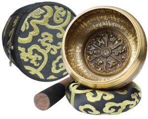 tibetan singing bowl set 4" ~ bronze mantra design ~ with carry case, dual surface mallet, silk cushion, and free meditation e-book ~ promotes peace, chakra healing, and mindfulness