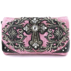 justin west concealed carry vineyard western embroidered tooled cross handbag (light pink - wallet only)