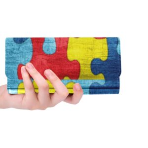 unique custom colorful autism awareness puzzle wood women trifold wallet long purse credit card holder case handbag