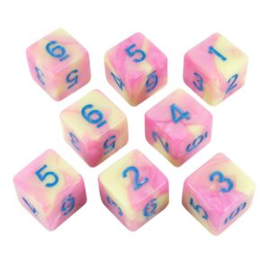 paladin roleplaying pastel pink and yellow dice - 8 d6 set - 'love potion'