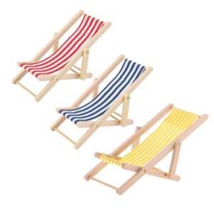 kodoria 3pcs 1:12 miniature foldable wooden beach chair mini deck chair longue deck chair mini furniture accessories with red/ blue stripe for indoor outdoor