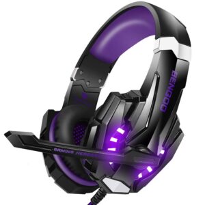 bengoo stereo gaming headset for ps4, pc, xbox one controller, noise cancelling over ear headphones mic, led light, bass surround, soft memory earmuffs for laptop mac nintendo switch games - purple