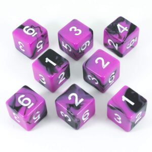 paladin roleplaying magenta and black dice - 8 d6 set - 'succubus'