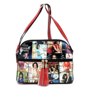 amy&joey glossy magazine cover collage multi compartments crossbody bag purses michelle obama bags with tassels (multi/red)