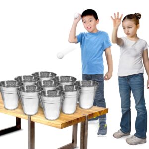 gamie bucket ping pong ball game includes 9 metal buckets, 12 balls, and 1 number sticker sheet - fun party activity for kids and adults, great idea for kids