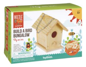 beetle & bee build a bird bungalow - diy kid art craft outdoor birdhouse kit, house painting kit for kids, hardware glue included- 4 paints, 1 brush, 7 wooden pcs, chain for tree hanging age 5+