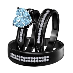 ds jewels his and hers matching wedding band ring set 14k black rhodium plated alloy 6 mm heat cut cz aquamarine engagement trio bridal set