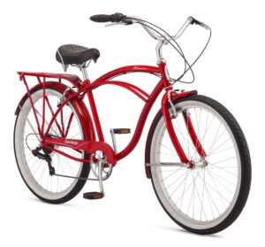 schwinn sanctuary 7 comfort beach cruiser bike for adult women men, 7-speed drivetrain in retro-styled 18-inch steel step-over frame, 26-inch wheels, with front & rear fenders, rear cargo rack