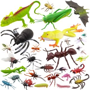 pinowu 27pcs bug toy figures playset for kids boys, 2-6” fake bug insects - fake spiders, cockroaches, scorpions, crickets, lady bugs, butterflies and worms for education and christmas party favors