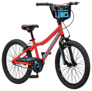 schwinn twister kids bmx style bike, boys and girls, 20-inch wheel, single speed, age 7-13 year old, handlebar pad and number plate included, rider recommended height 48-60 inch, red