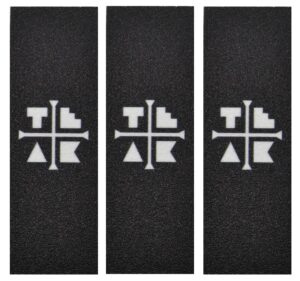 teak tuning 3pk premium fingerboard skate grip tape, black & white logo edition - 38mm x 114mm - set of 3 sheets - adhesive backing