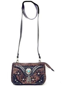 western feather country rhinestone concho laser cut wallet cross body clutch bag purse (brown) small