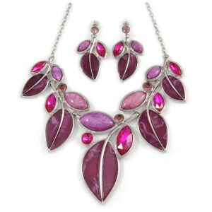 avalaya statement purple/magenta glass, crystal leaf necklace and drop earrings in rhodium plating - 40cm l/ 8cm ext