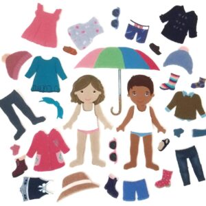 my felt story dress me up 56 pcs - weather | felt 8” doll figures for kids | multicultural skin tone diversity | fun classroom learning activities